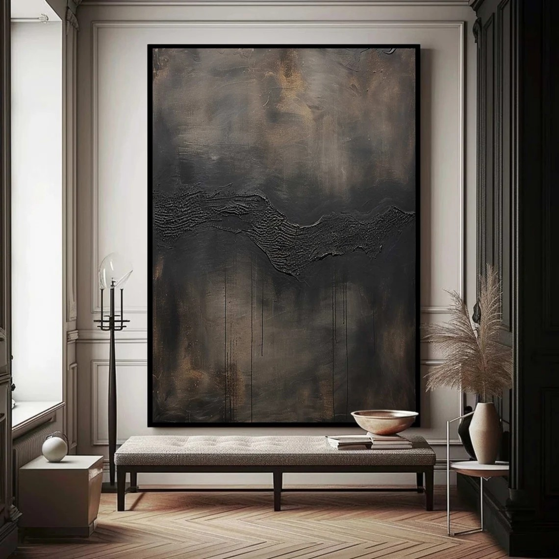 Textured Dark Abstract Painting, Moody Minimalist Art Canvas #BGA 081