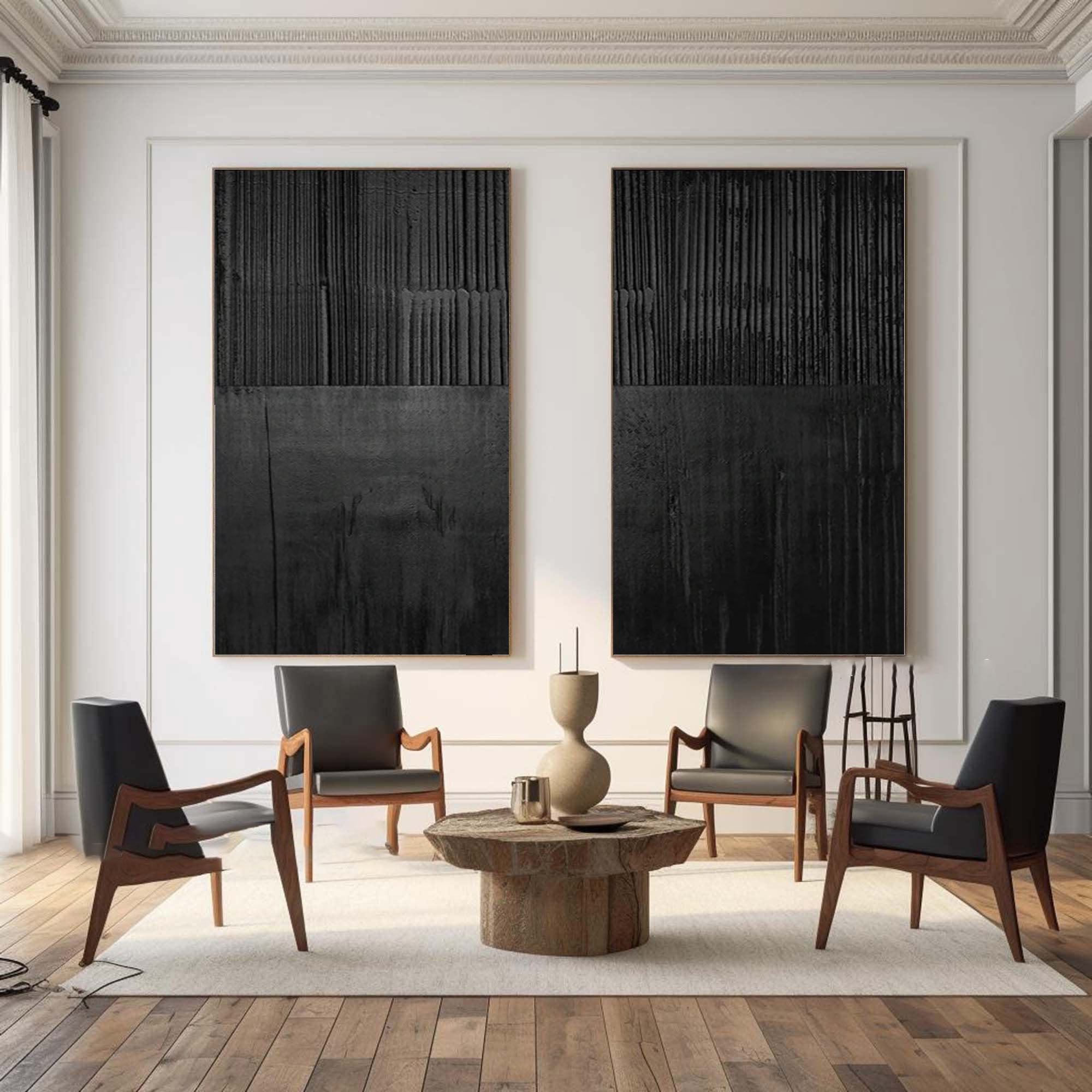 Ebony Grooves: Dual Set Black Textured Abstract Art SET OF 2 #AVG 039