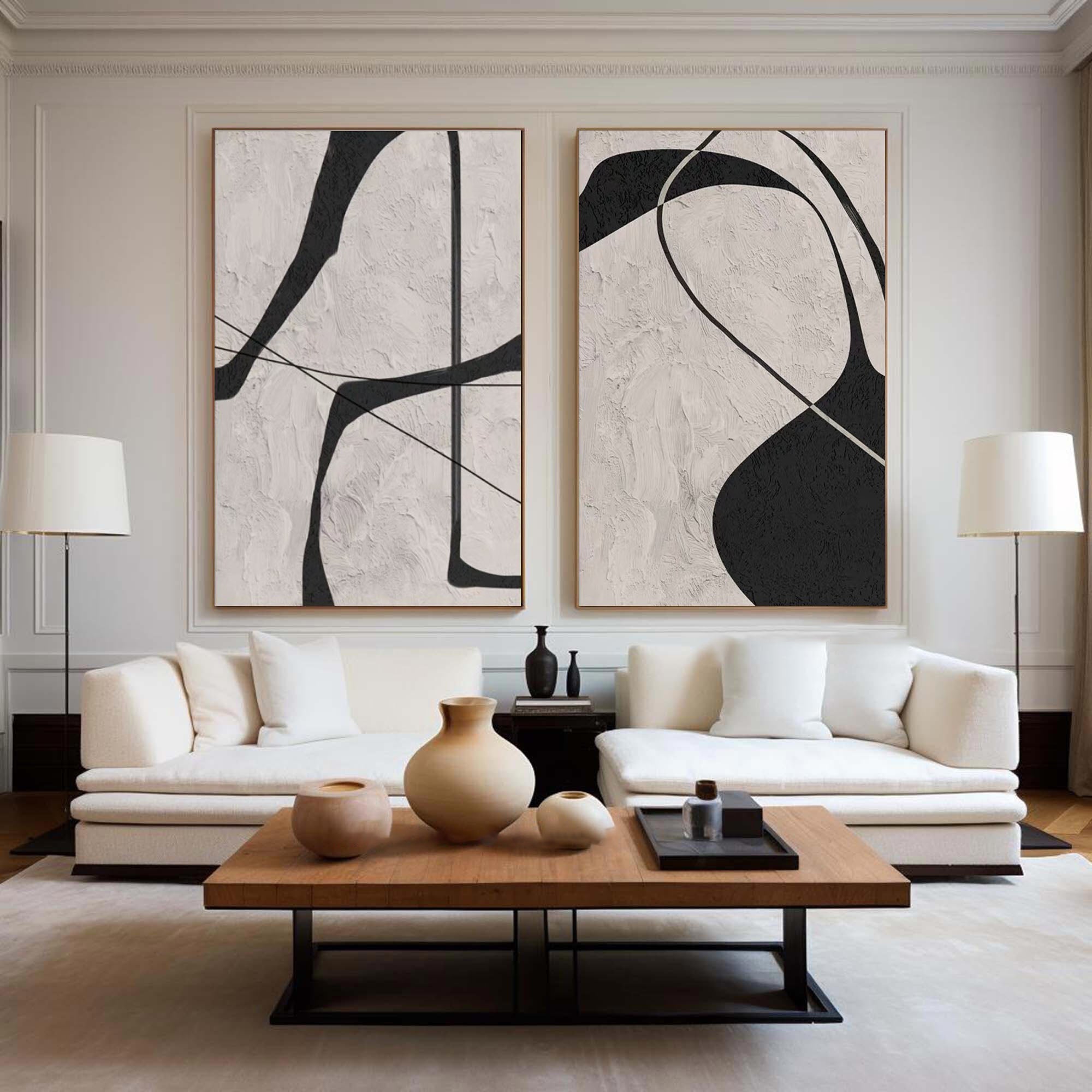 Elegant Dichotomy: Contemporary Black and White Abstract Diptych #LL 013