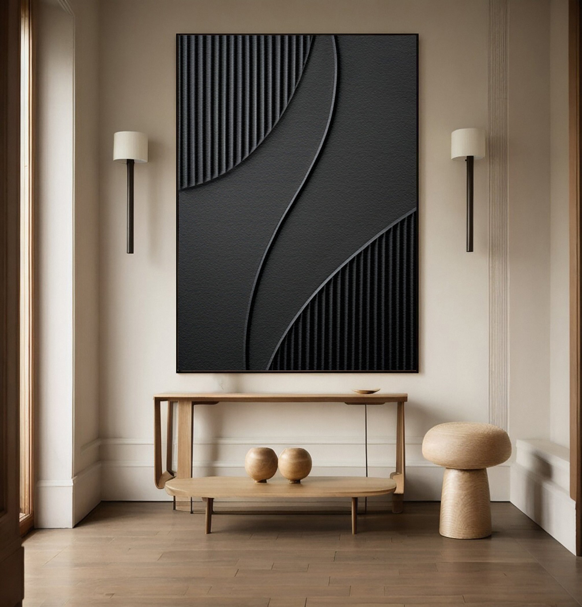 Modern Painting with Tactile Grooves and Flowing Black Forms #BGA 245