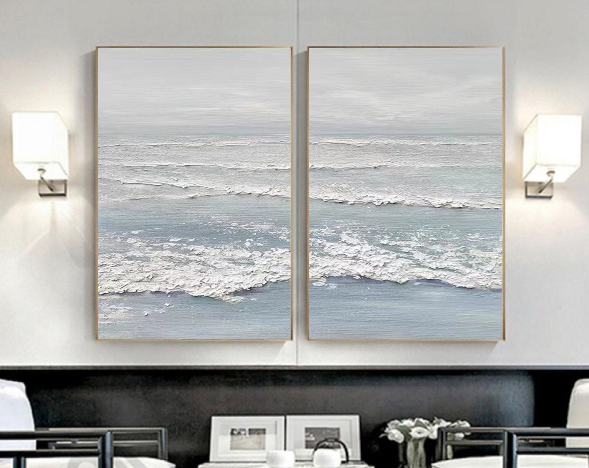 Ocean Wave Textured Plaster Painting Serene Diptych Seascape for ...